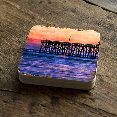 Pier at Sunset Coastal Wooden Cork Coasters Gift Set of 4 by Nature Wonders