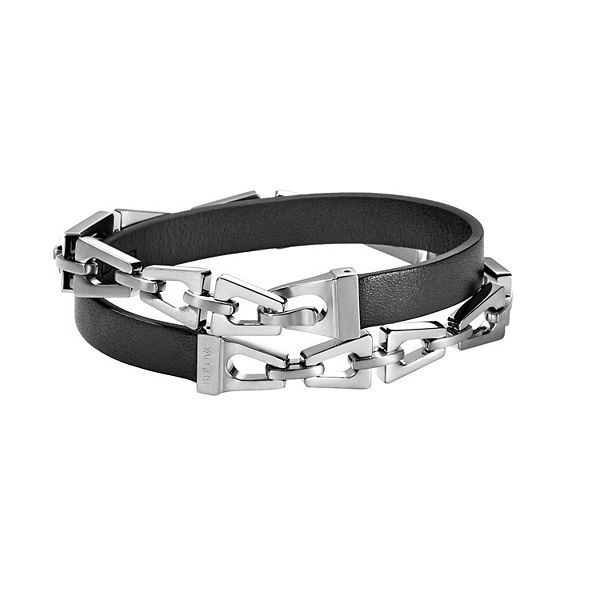 Bulova Mens Classic Black Leather And Stainless Steel Double Wrap Bracelet