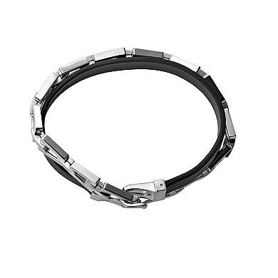 Bulova Men's Classic Black Leather & Stainless Steel Double Wrap Bracelet
