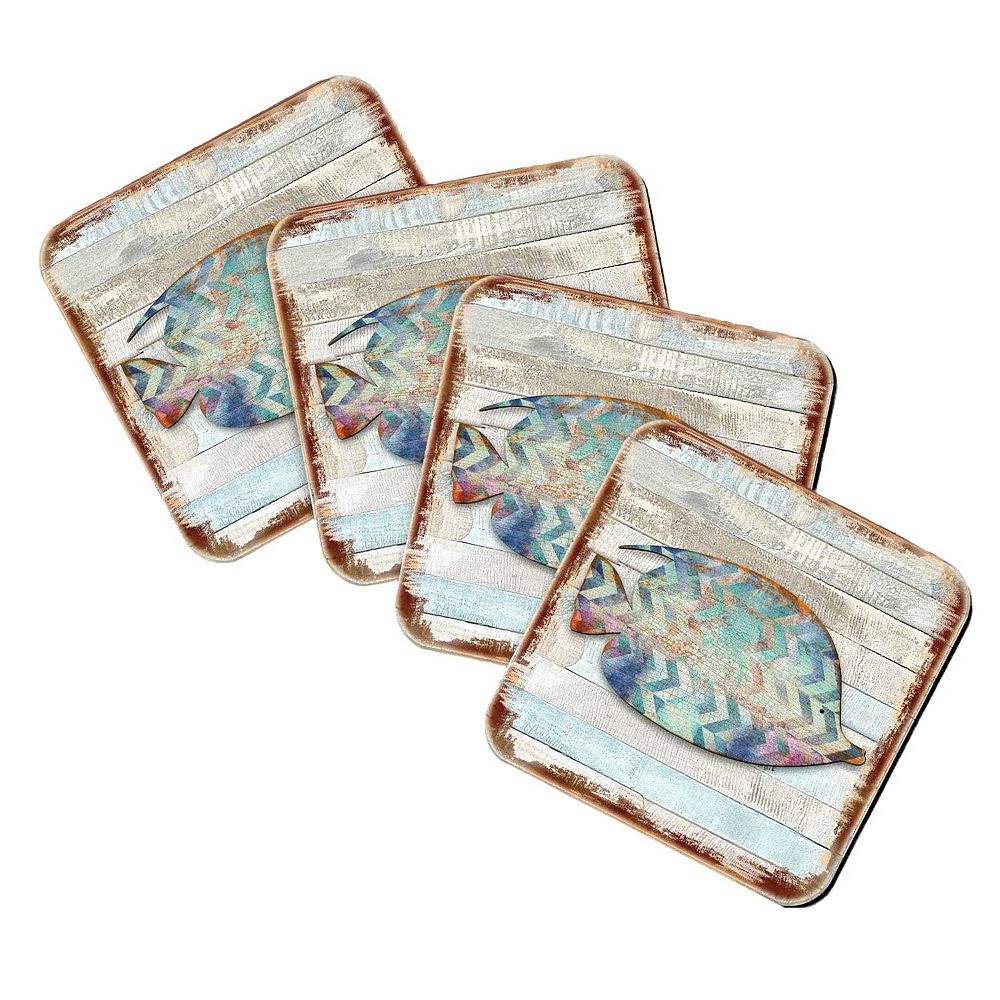 Tropical Fish Coastal Wooden Cork Coasters Gift Set of 4 by Nature Wonders