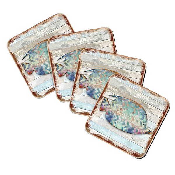 Tropical Fish Coastal Wooden Cork Coasters Gift Set of 4 by Nature Wonders