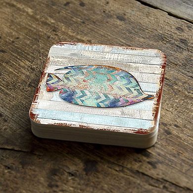 Tropical Fish Coastal Wooden Cork Coasters Gift Set of 4 by Nature Wonders