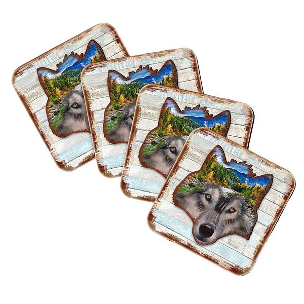 Wolf Face Wooden Cork Coasters Gift Set of 4 by Nature Wonders