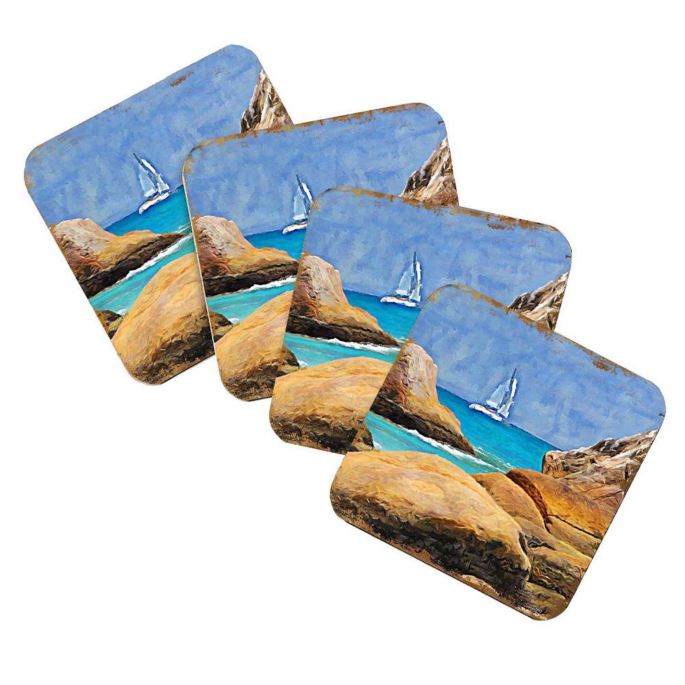 Sailboat Coastal Wooden Cork Coasters Gift Set of 4 by Nature Wonders