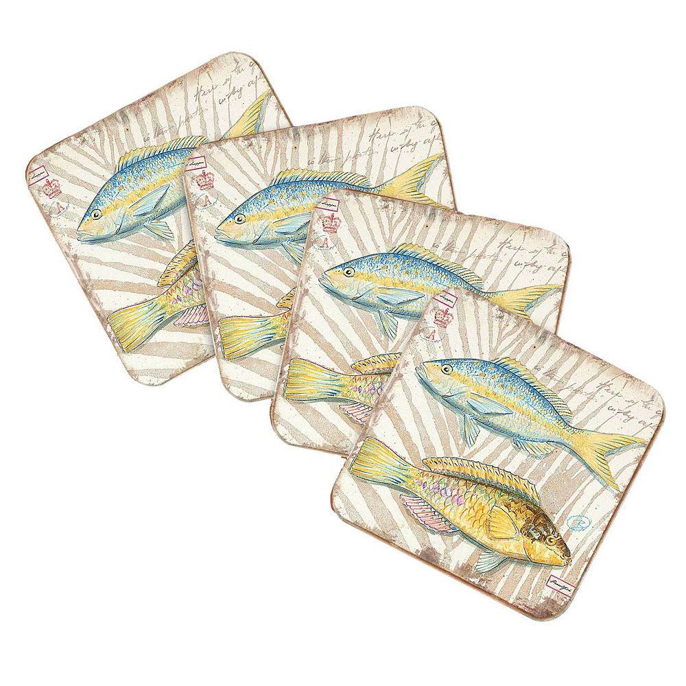 Fish Coastal Wooden Cork Coasters Gift Set of 4 by Nature Wonders