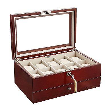 Mele and Co Christo Men's Glass Top Wooden Watch Box in Walnut Finish