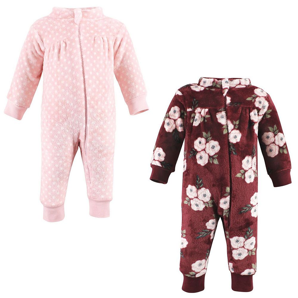 Hudson Baby Infant Girl Plush Jumpsuits, Burgundy Floral, 18-24 Months
