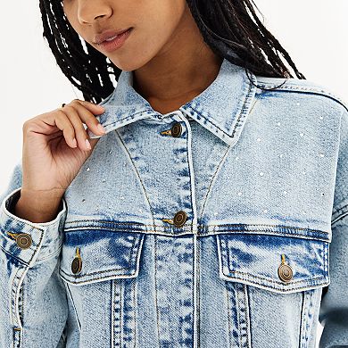 Juniors' SO® Oversized Rhinestone Denim Jacket