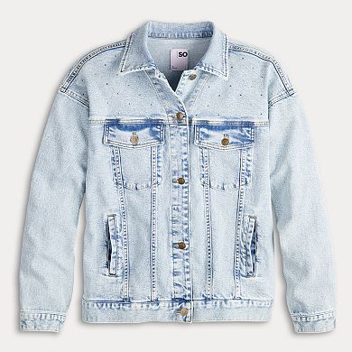 Juniors' SO® Oversized Rhinestone Denim Jacket