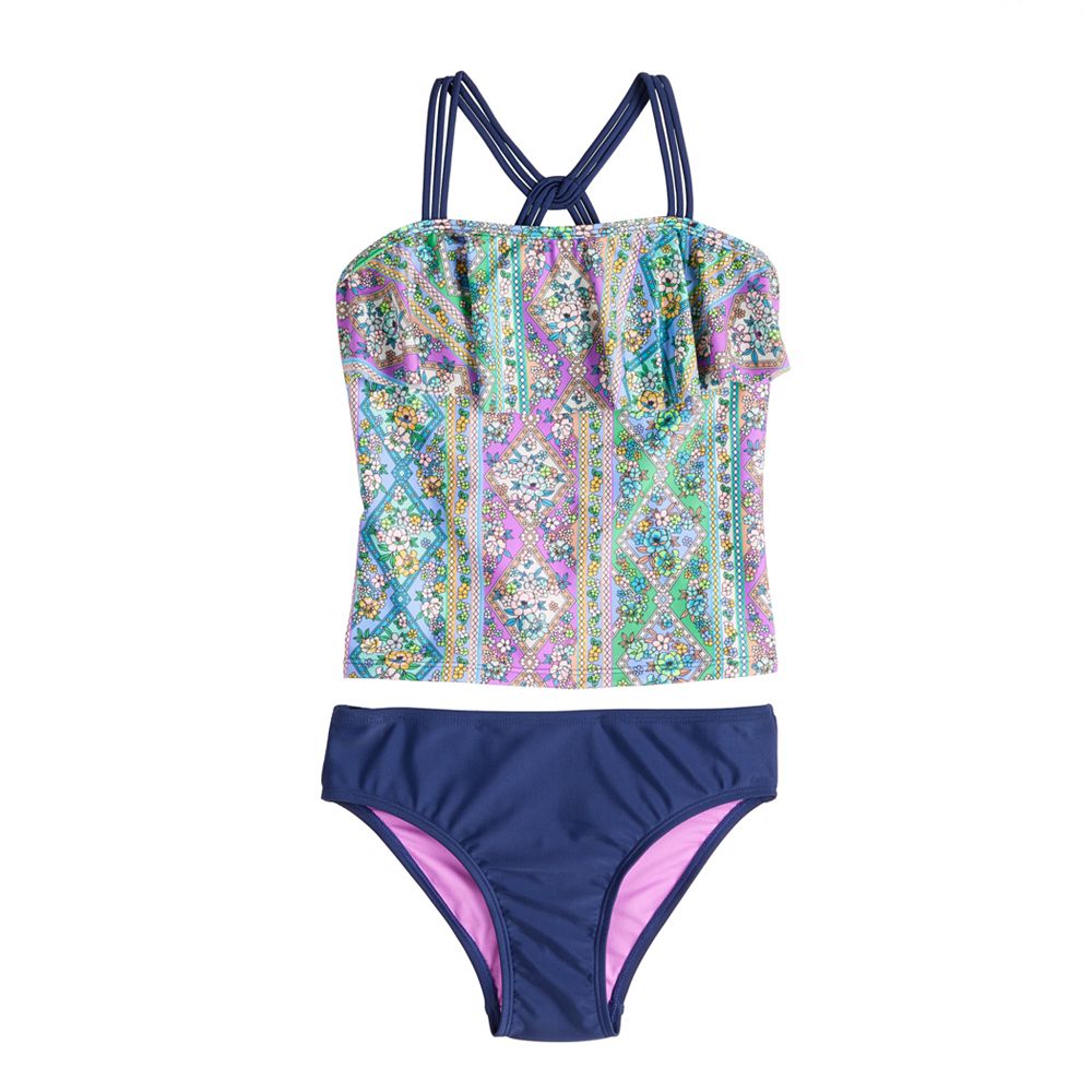 Girls 7-18 Breaking Waves 2-Piece Flounce Tankini & Scoop Bottom Swim Set
