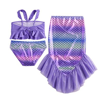 Girls 4-12 Breaking Waves 3-Piece Mermaid Bandeau, Bottom & Tail Cover ...