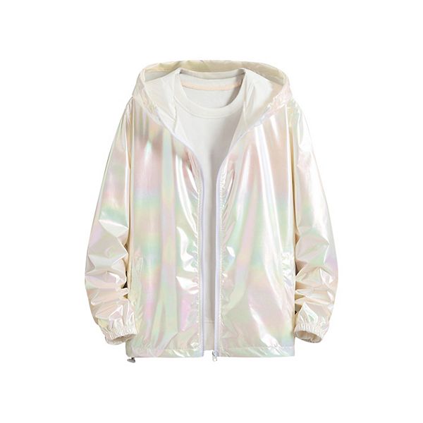 Jacket for Men Zip up Hooded Metallic Lightweight Holographic Shiny Jackets