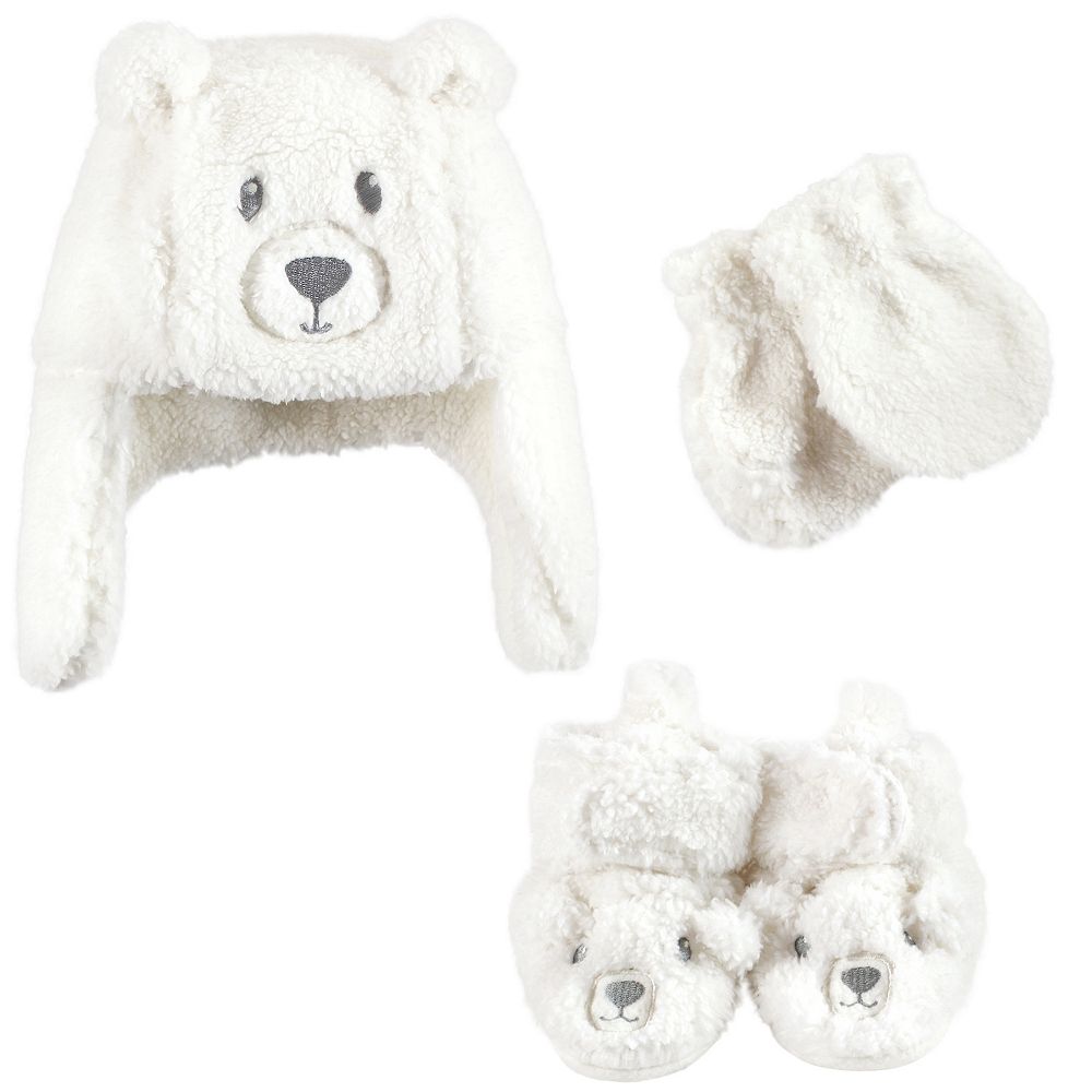 Hudson Baby Unisex Baby Trapper Hat, Mitten and Bootie Set, Cream Bear