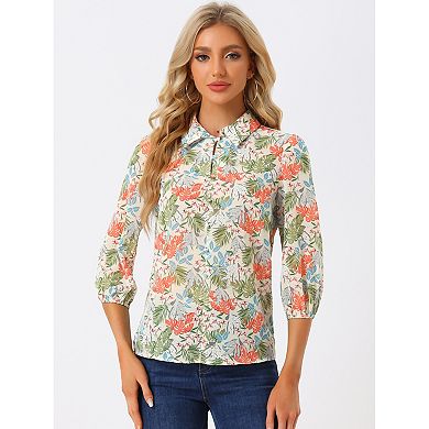 Women's Sheer Tops Point Collared 3/4 Sleeves Lightweight Leaves Print ...