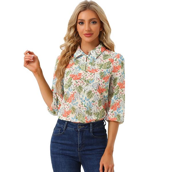 Women's Sheer Tops Point Collared 3/4 Sleeves Lightweight Leaves Print ...