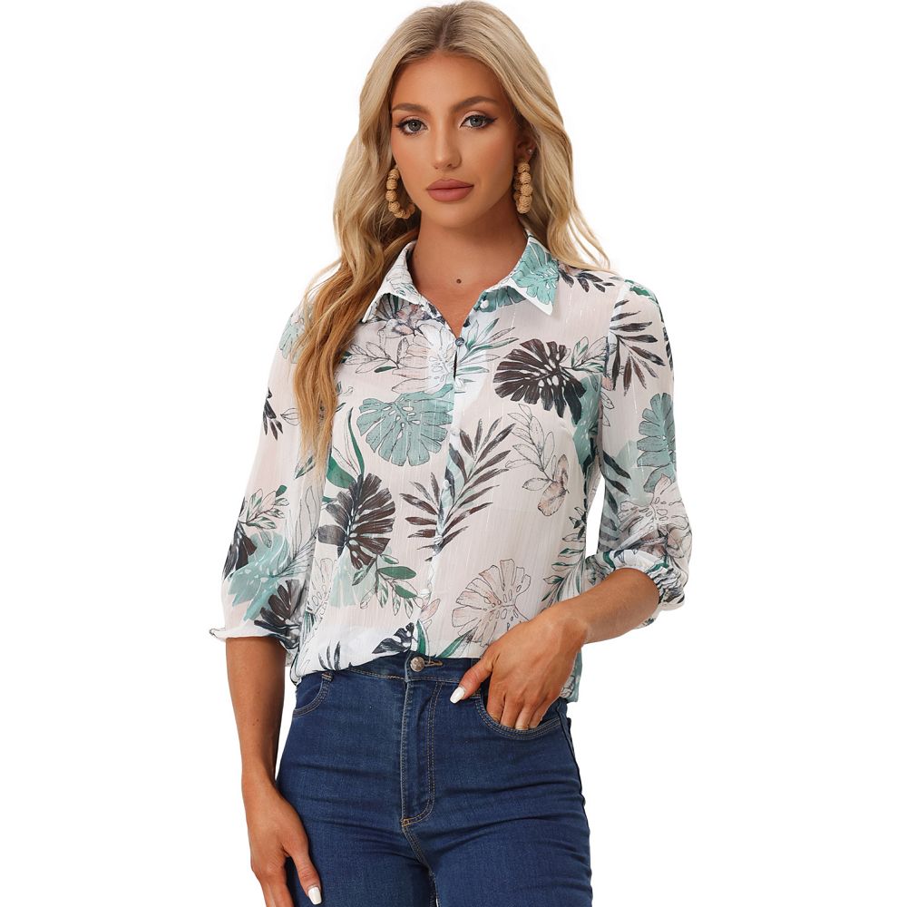 Women's Sheer Tops Point Collared 3/4 Sleeves Lightweight Leaves Print ...
