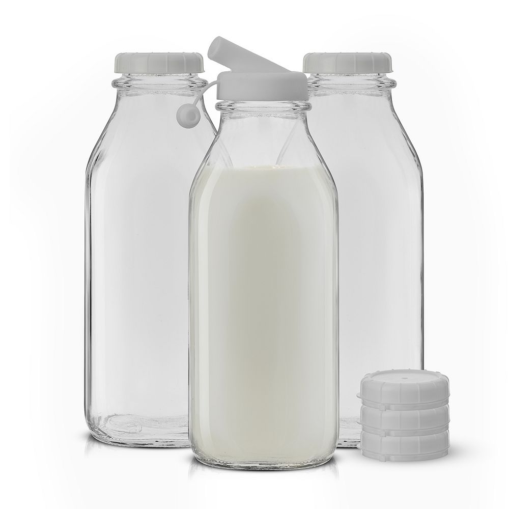 JoyJolt 3-Pack 32-oz. Reusable Glass Milk Bottle with Lid & Pourer