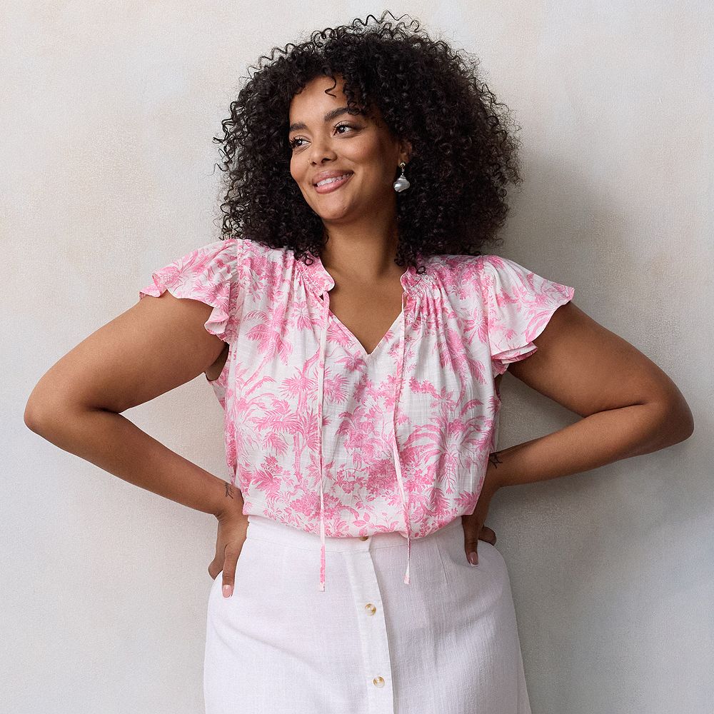 Plus Size LC Lauren Conrad Tie Front Ruffled V-Neck Shell