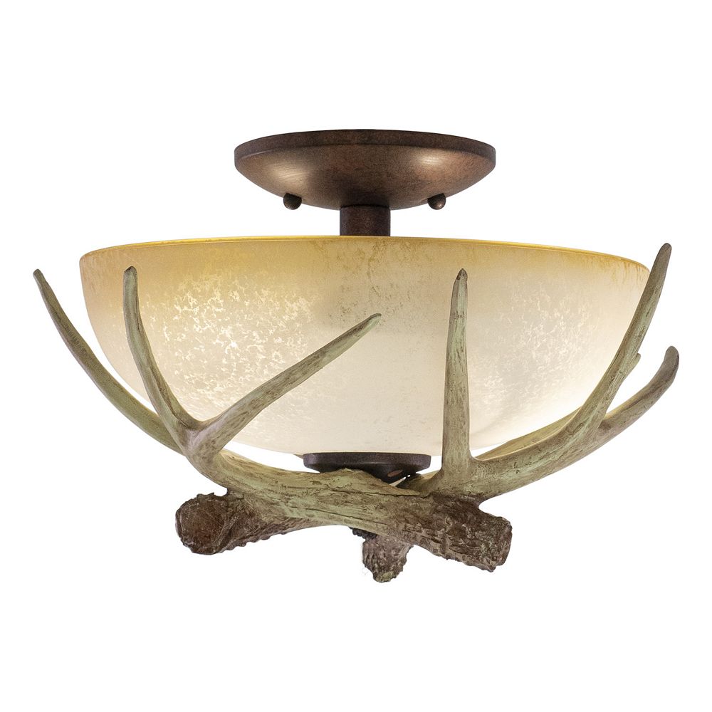 Lodge 2L LED Bronze Rustic Antler Semi Flush Ceiling Light or Fan Light Kit