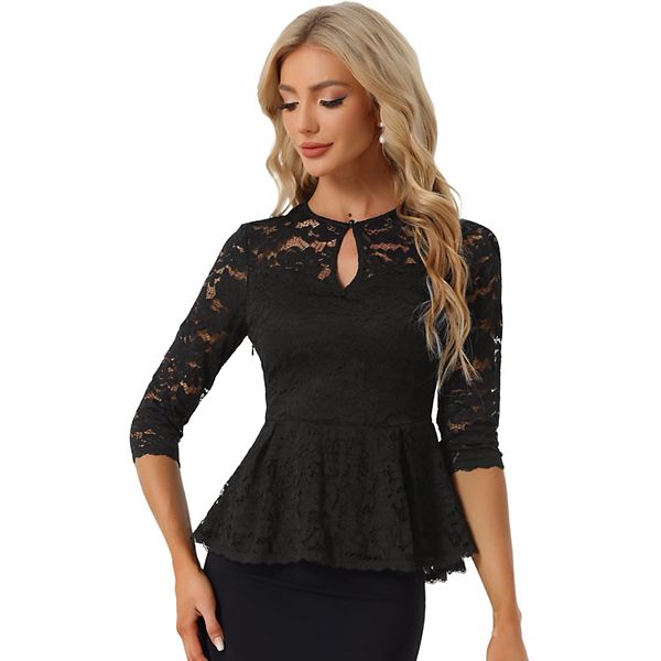 Lace Tops for Women's Elegant Sheer 3/4 Sleeve Peplum Blouse