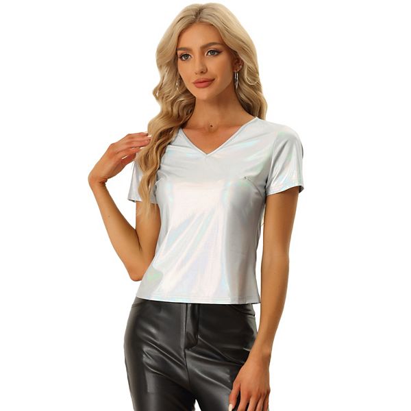 Party Tops for Women's V Neck Short Sleeve Shiny Metallic Top