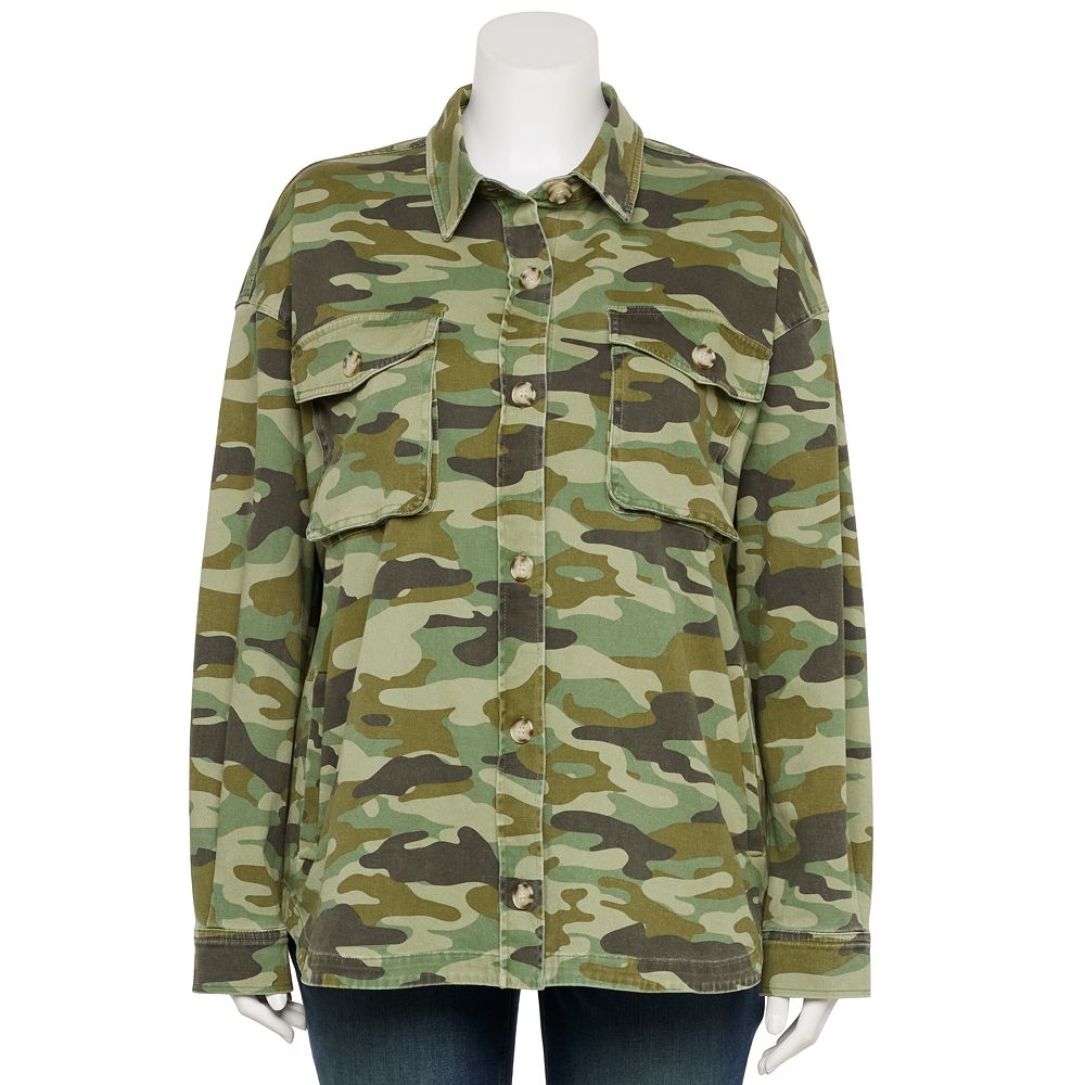 Plus Size INTEMPO™ Camo Print Oversized Twill Shirt Jacket