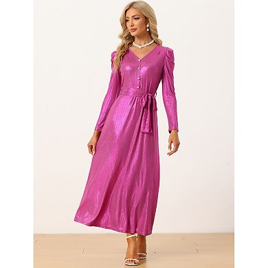 Women's Vintage V Neck Long Sleeve Belted Metallic Shiny Party Midi Dress