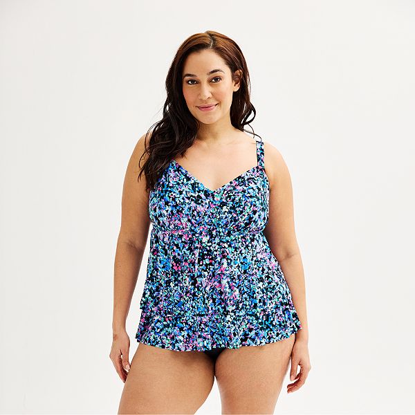 Plus Size Bal Harbour Abstract Neon One Piece Fauxkini Swim Suit