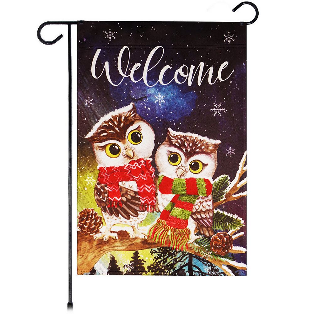 G128 Garden Flag Welcome Cozy Owls with Scarves 12"x18" Blockout