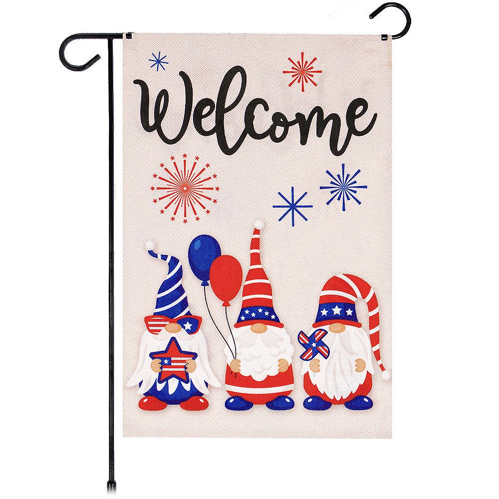 G128 Garden Flag Welcome 3 Gnomes Celebrating July 4th 12"x18" Burlap
