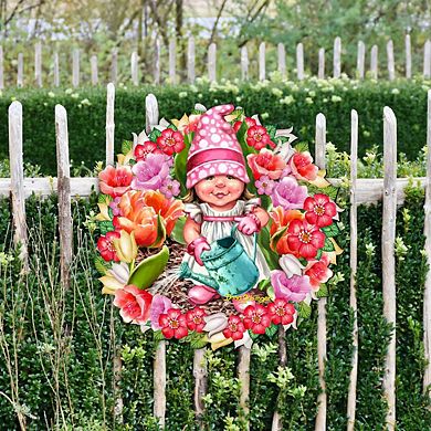 Spring Wreath Blossom Gnome Dwarf 24-Inch Handcrafted Wooden Door Decor ...