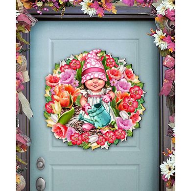 Spring Wreath Blossom Gnome Dwarf 24-Inch Handcrafted Wooden Door Decor ...