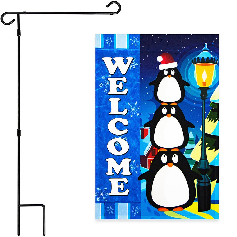 G128 Combo Set: Garden Flag Stand 1PK AND Welcome 3 Penguins 12"x18" 1PK