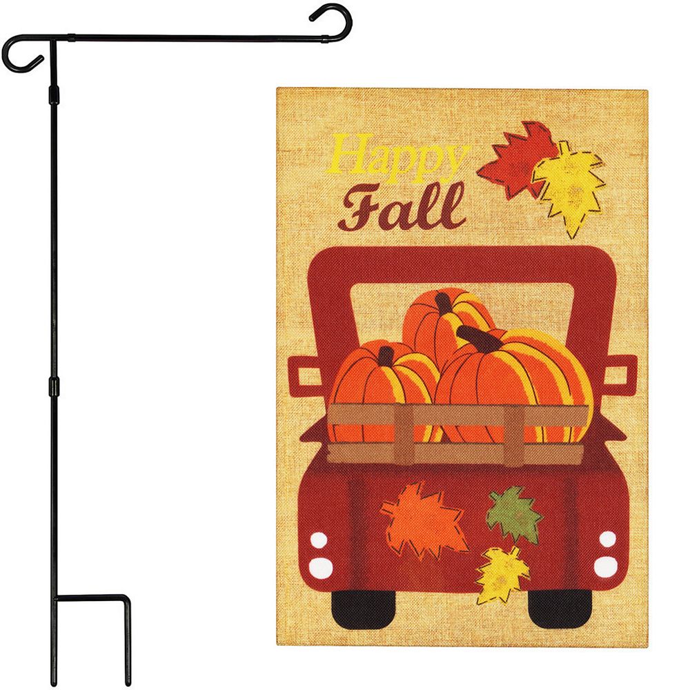 G128 Combo Set: Garden Flag Stand 1PK AND Happy Fall Pumpkins in Truck Bed 12"x18" Burlap 1PK