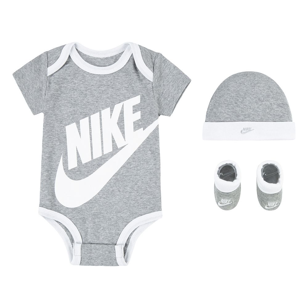 Newborn Baby Nike Futura 3-Piece Bodysuit Beanie Booties Boxed Set