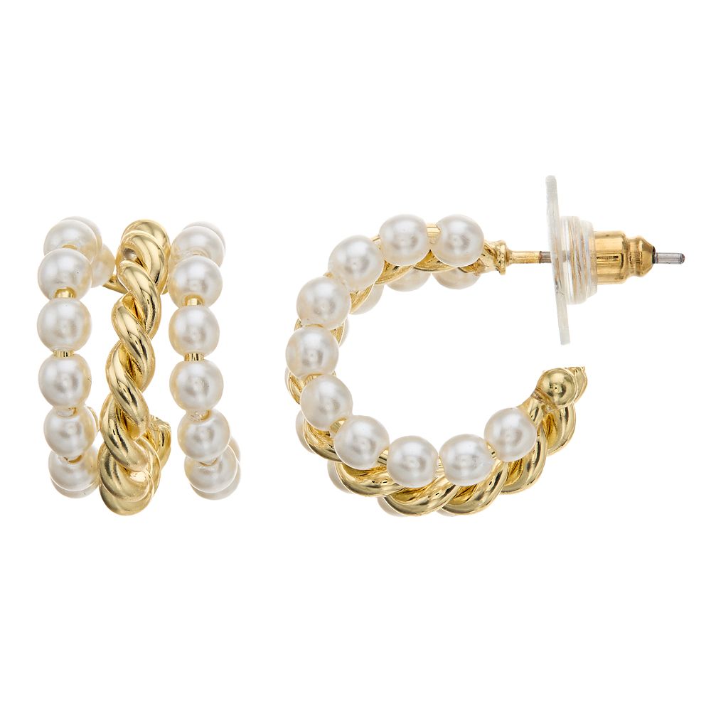Pannee by Panacea Gold Tone Simulated Pearl Twist Huggie Hoop Earrings