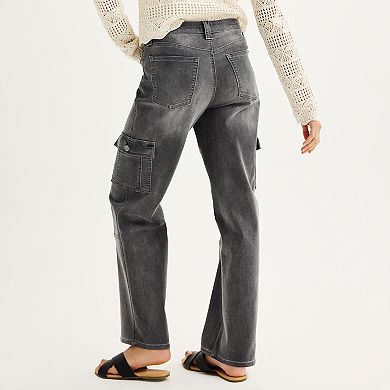 Juniors' Project Indigo Mid-Rise Cargo Straight-Leg Jeans
