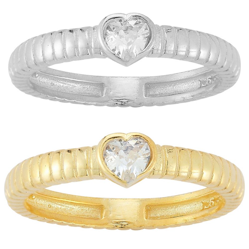 Sunkissed Sterling Two Tone Cubic Zirconia Heart Ring 2-piece Set