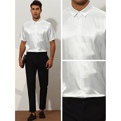 Satin Shirts for Men's Summer Short Sleeve Point Collar Button Down Shirts