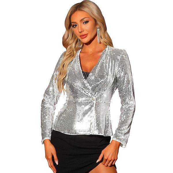 Sequin Sparkle Jacket for Women's 1 Button Long Sleeve Party Jackets