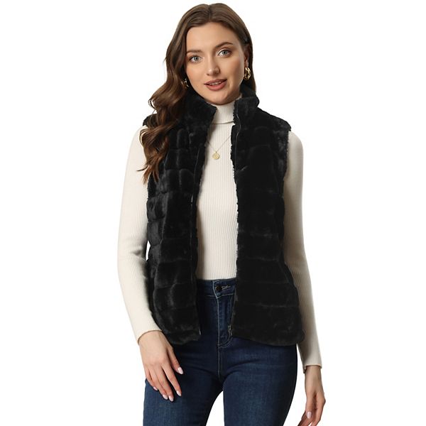 Fluffy Vest Jacket for Women's Stand Collar Warm Faux Fur Winter ...