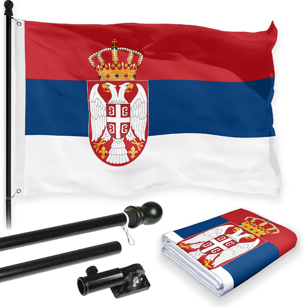 G128 Combo Set: 6ft Flag Pole Black + Bracket 1PK AND Serbia 150D 3x5 1PK
