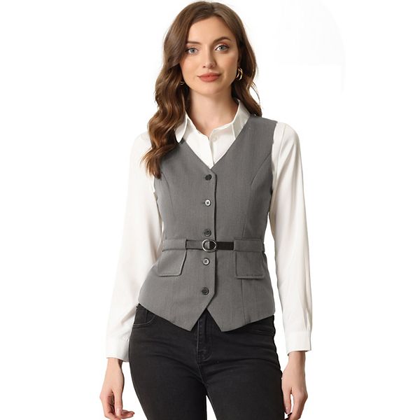 Button Front Closure Vest For Women V Neck Belted Pockets