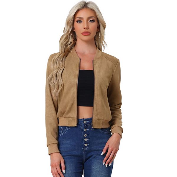 Faux Suede Cropped Coat for Women's Stand Collar Zip Up Biker Moto BomBer Jackets
