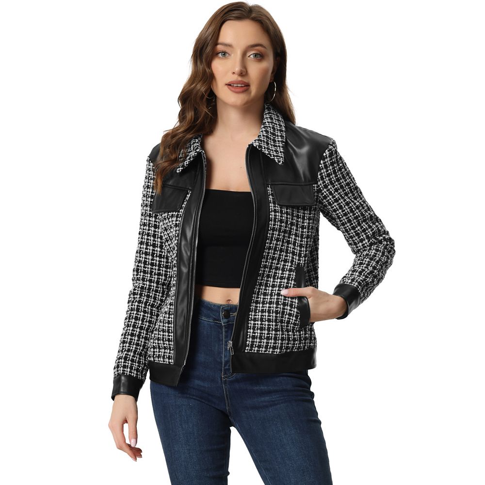 Women's Plaid Patchwork Tweed Jacket Zipper Long Sleeve Coat Casual ...