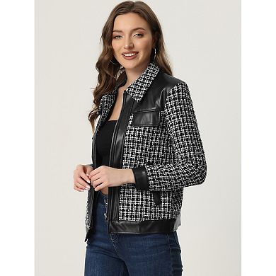 Women's Plaid Patchwork Tweed Jacket Zipper Long Sleeve Coat Casual ...