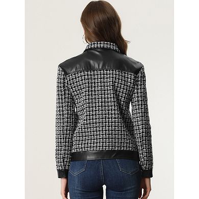 Women's Plaid Patchwork Tweed Jacket Zipper Long Sleeve Coat Casual ...
