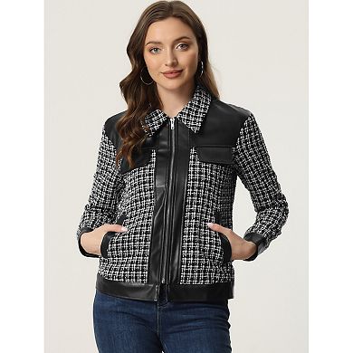 Women's Plaid Patchwork Tweed Jacket Zipper Long Sleeve Coat Casual ...