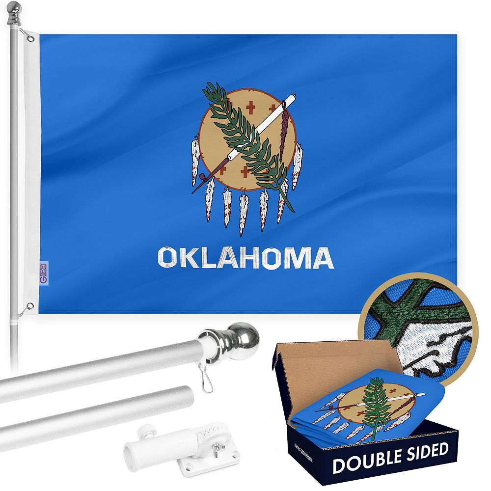 G128 Combo Set: Flag Pole Silver + Bracket AND Oklahoma Embroidered ...