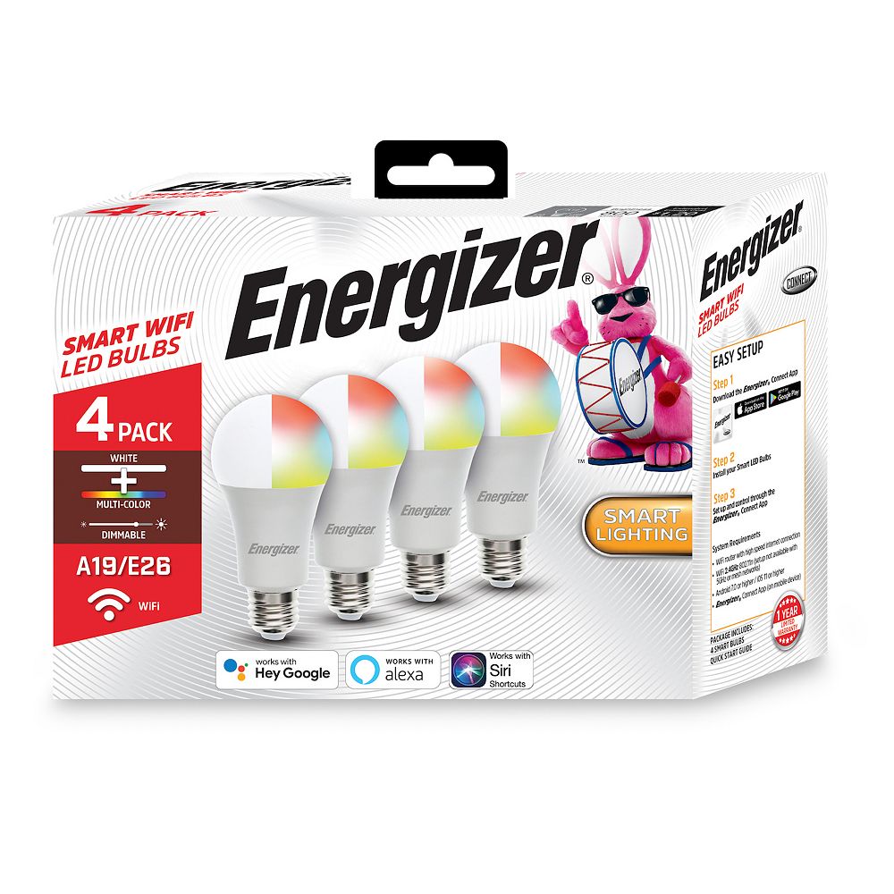 Energizer 4-Pack Smart Wi-Fi Multi-Color & White LED A19 E26 Light Bulbs
